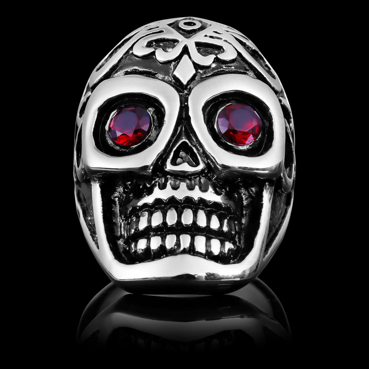 Stainless Steel Skull Ring | Red CZ Eyed Filigree – Biker Jewelry Shop