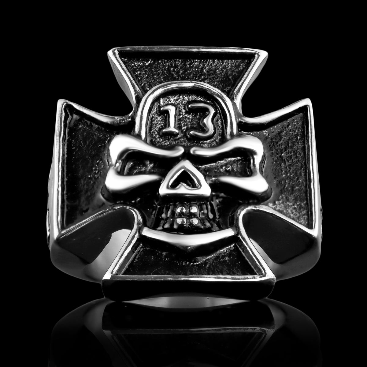 Large "13" Skull In Maltese Cross Stainless Steel Ring – Biker Jewelry Shop