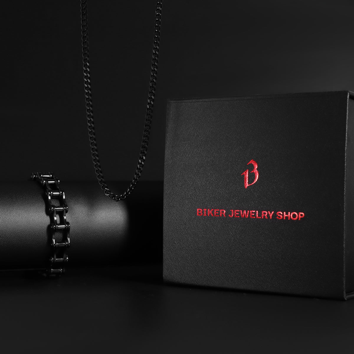 Black Curb Chain Necklace & Bike Chain Bracelet Gift Set – Biker ...